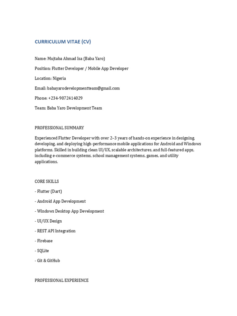 Baba Yaro Flutter Developer CV Original | PDF