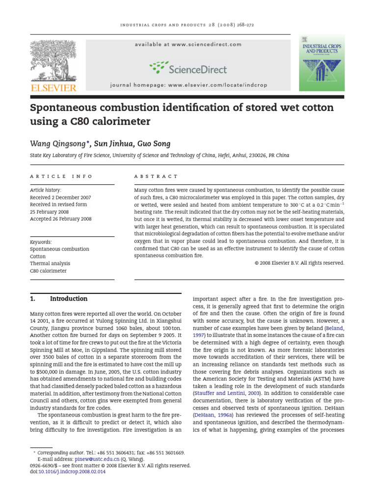 Spontaneous Combustion Identification of Stored Wet Cotton | PDF ...