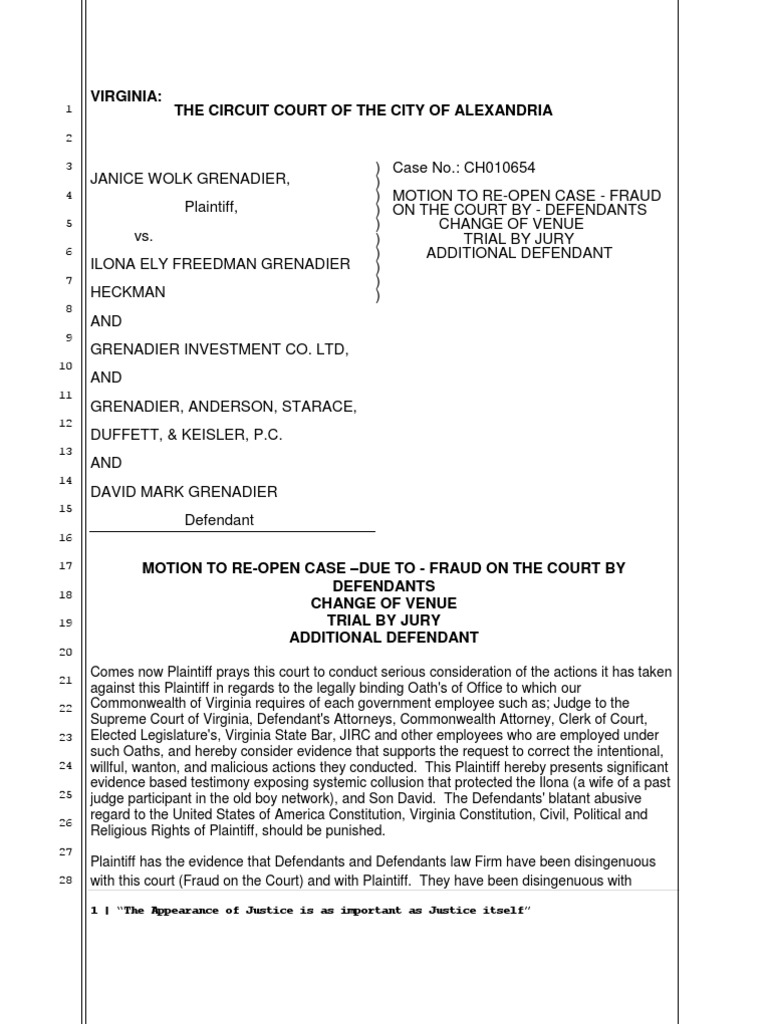 Motion To Re-Open Case Fraud On The Court v2 Final | PDF | Virginia Circuit Court | Complaint