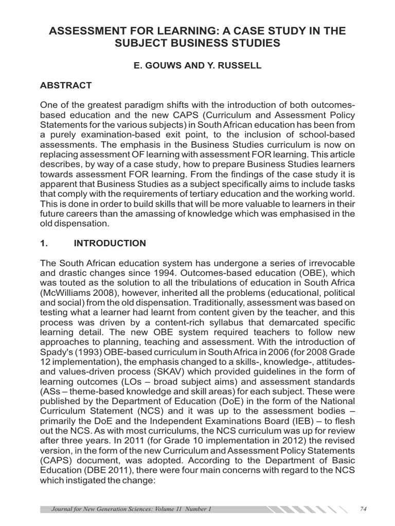 ASSESSMENT FOR LEARNING CASE STUDY gouws-russell-2013-assessment-for ...