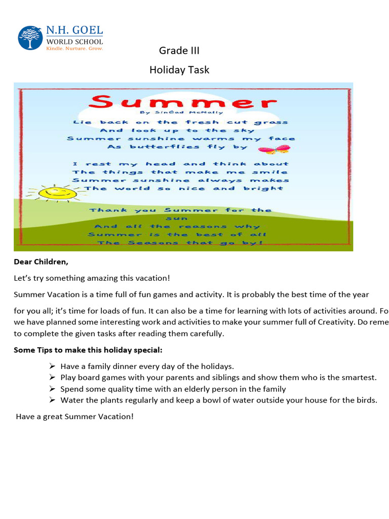 GRADE 3 Holiday Homework | PDF