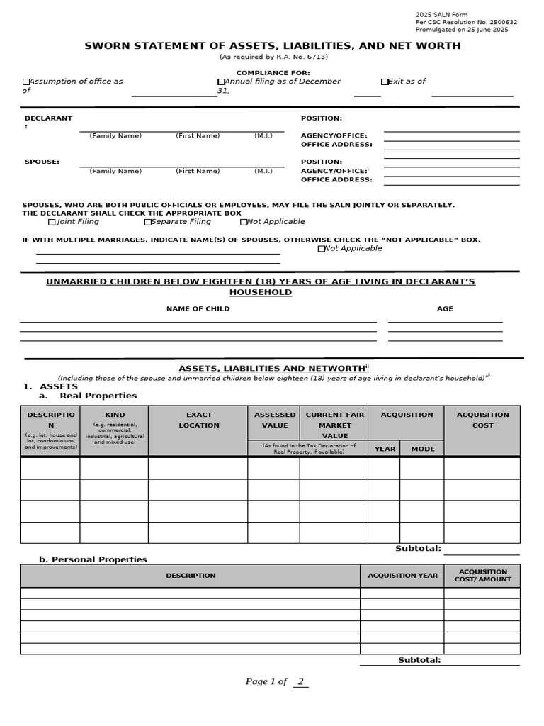1-A Rules Annex A - 2025 SALN Form Updated Form As of 3 February 2026 | PDF