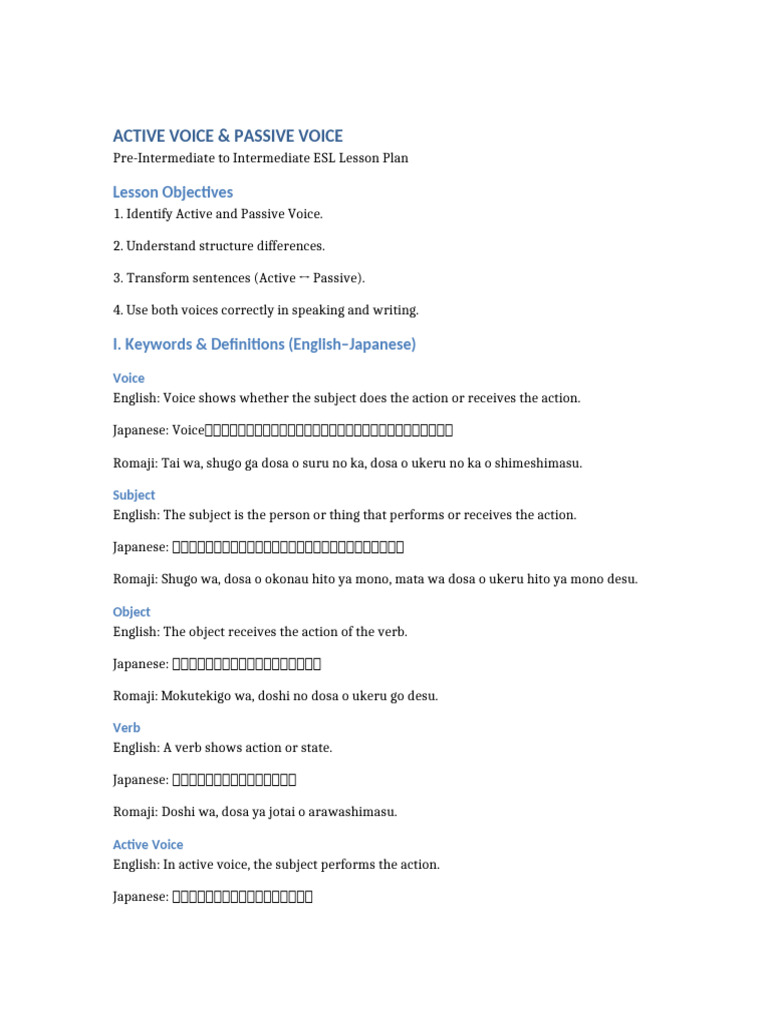 Active Passive Voice Lesson Plan | PDF | English Language | Syntax