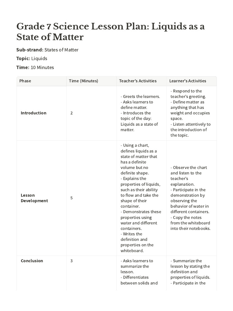 Grade 7 Science Lesson Plan Liquids As A State of | PDF | Matter | Learning