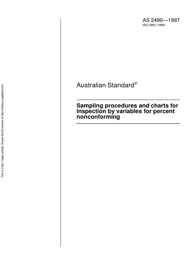As 2490-1997 Sampling Procedures and Charts For Inspection by Variables For Percent ...