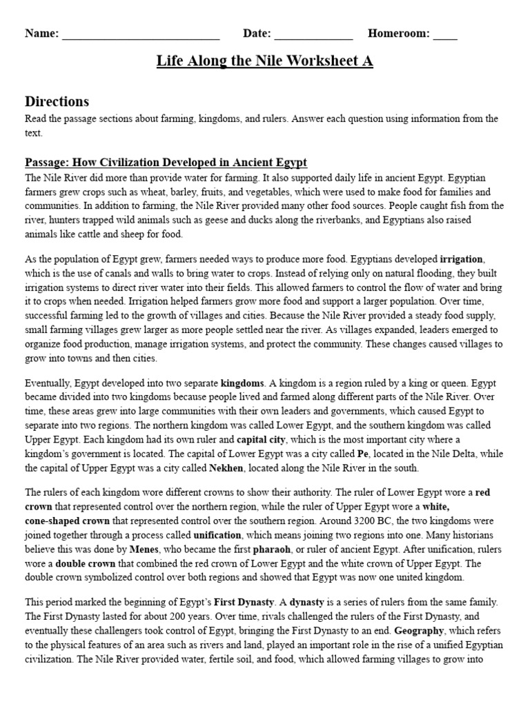 Life Along The Nile Worksheet A | PDF | Ancient Egypt | Irrigation