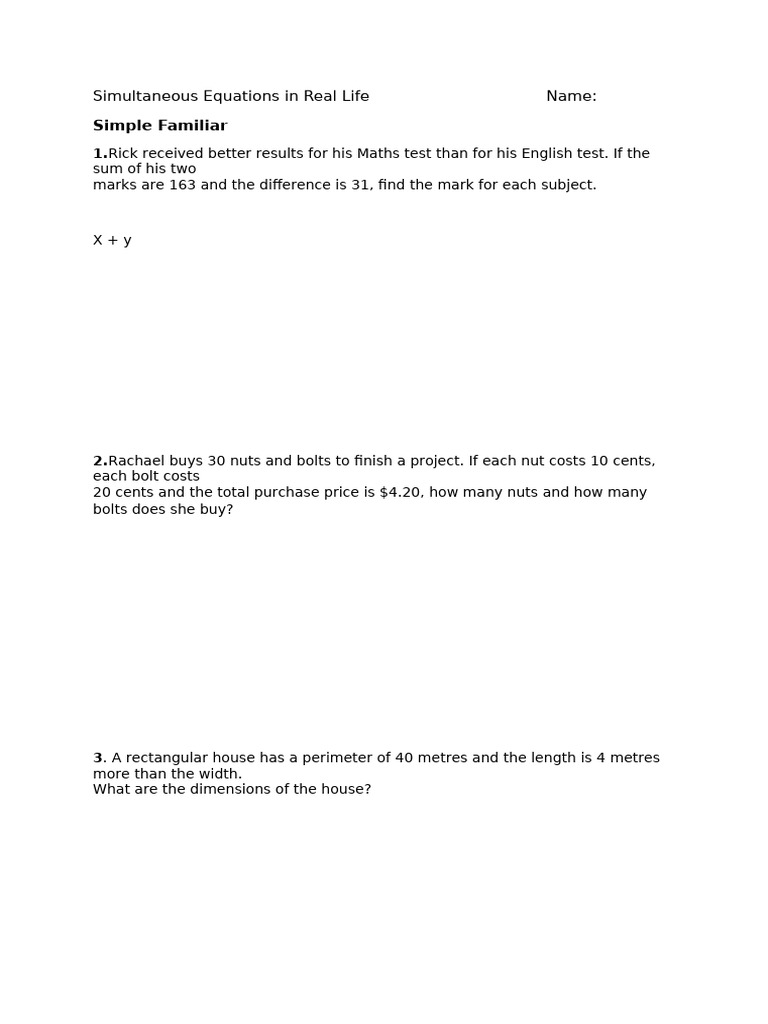 Simultaneous Equations in Real Life Name | PDF