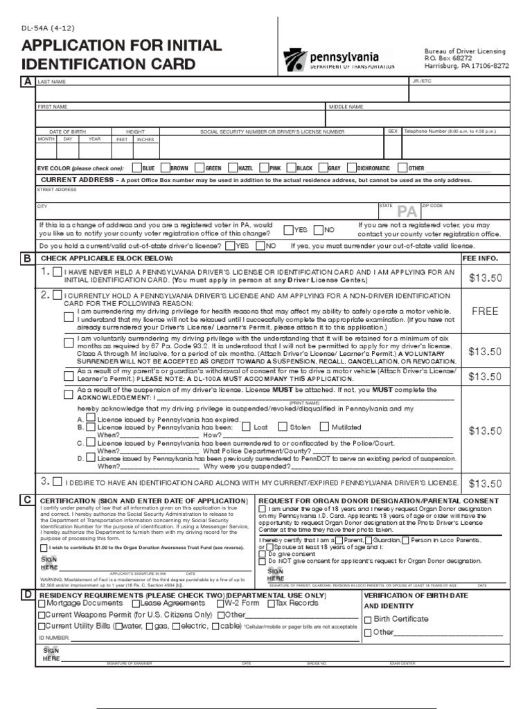 Dl-54a PA Photo ID Application | PDF | Identity Document | Driver's License