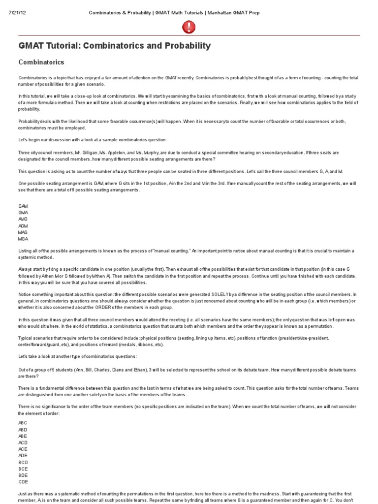 Combinatorics & Probability - GMAT Math Tutorials - Manhattan GMAT Prep | PDF | Permutation ...