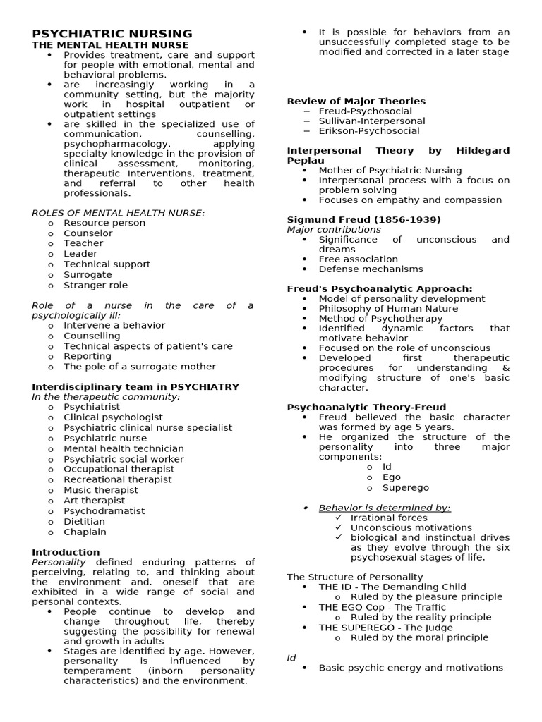 Psychiatric Nursing Review Notes | PDF | Psychiatry | Psychotherapy