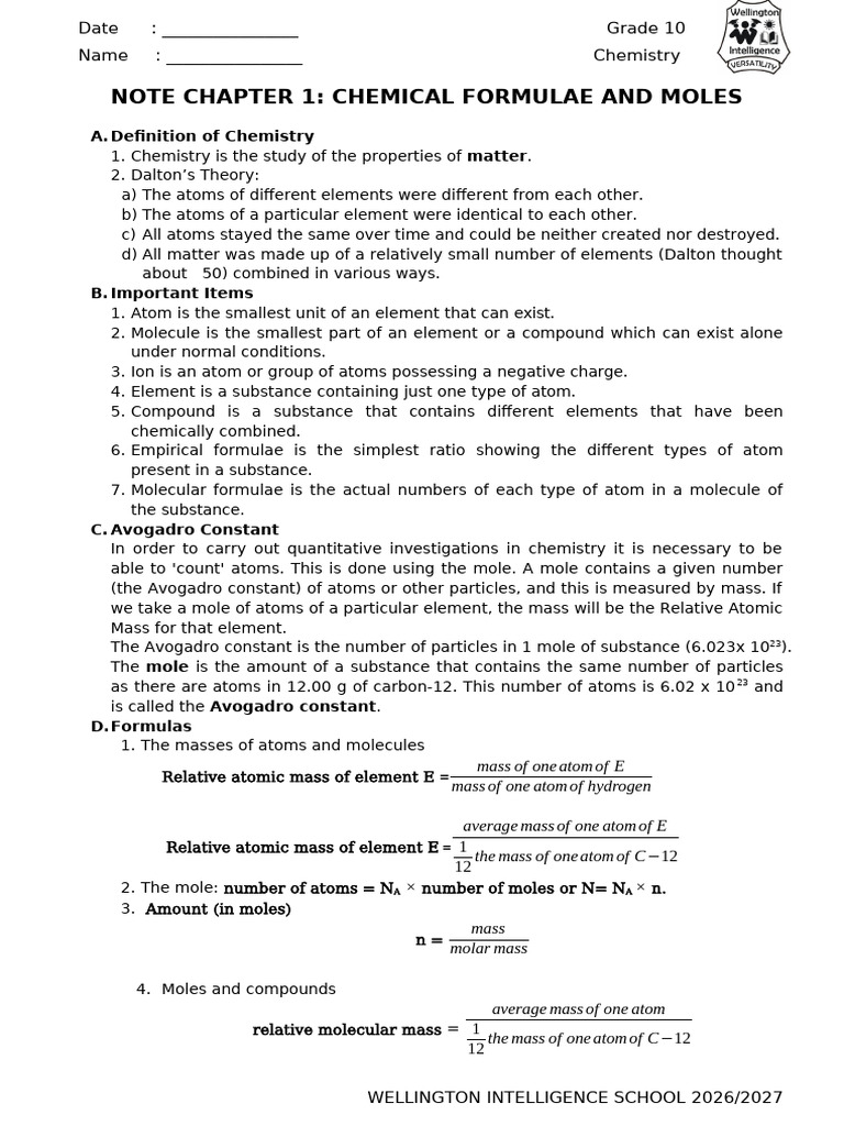 G10 Chemistry Note Chapter 1 (Revised 1) | PDF | Mole (Unit) | Chemistry