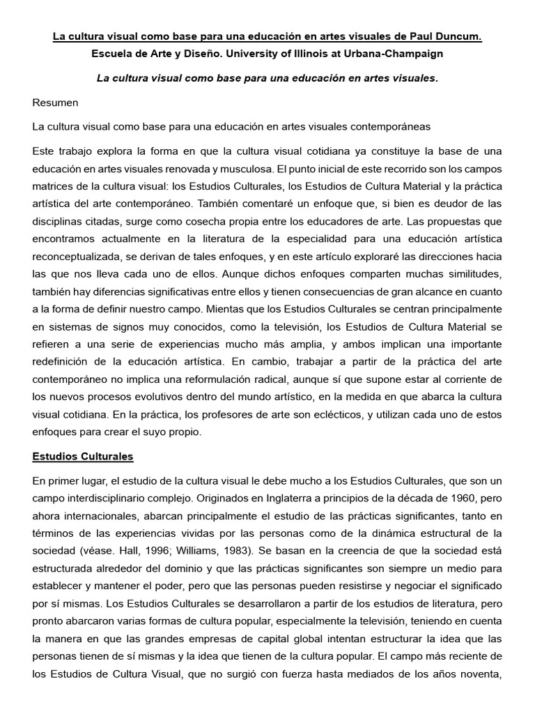 La Cultura Visual Como Base para Una Educación en Artes Visuales de ...
