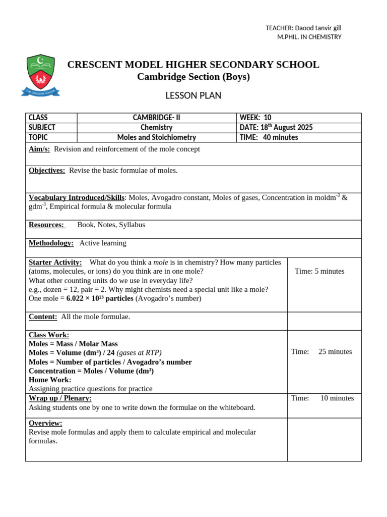 August 2025 (2 Weeks) Lesson Plan | PDF | Stoichiometry | Mole (Unit)