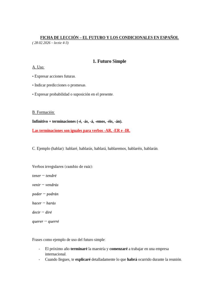 Ficha Leccion Futuro y Condicional Lectie 4-3 | PDF | Verbo