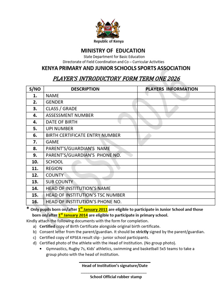 Term One 2026 Players Introductory Form | PDF