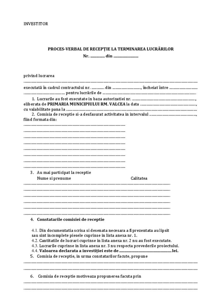 Model Proces Verbal de Receptie La Terminarea Lucrarilor