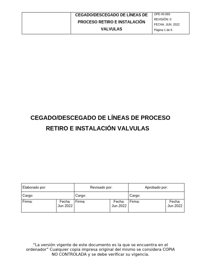 Ope-In-069 Cegado y Descegado de Tuberías Retiro e Instalación de ...