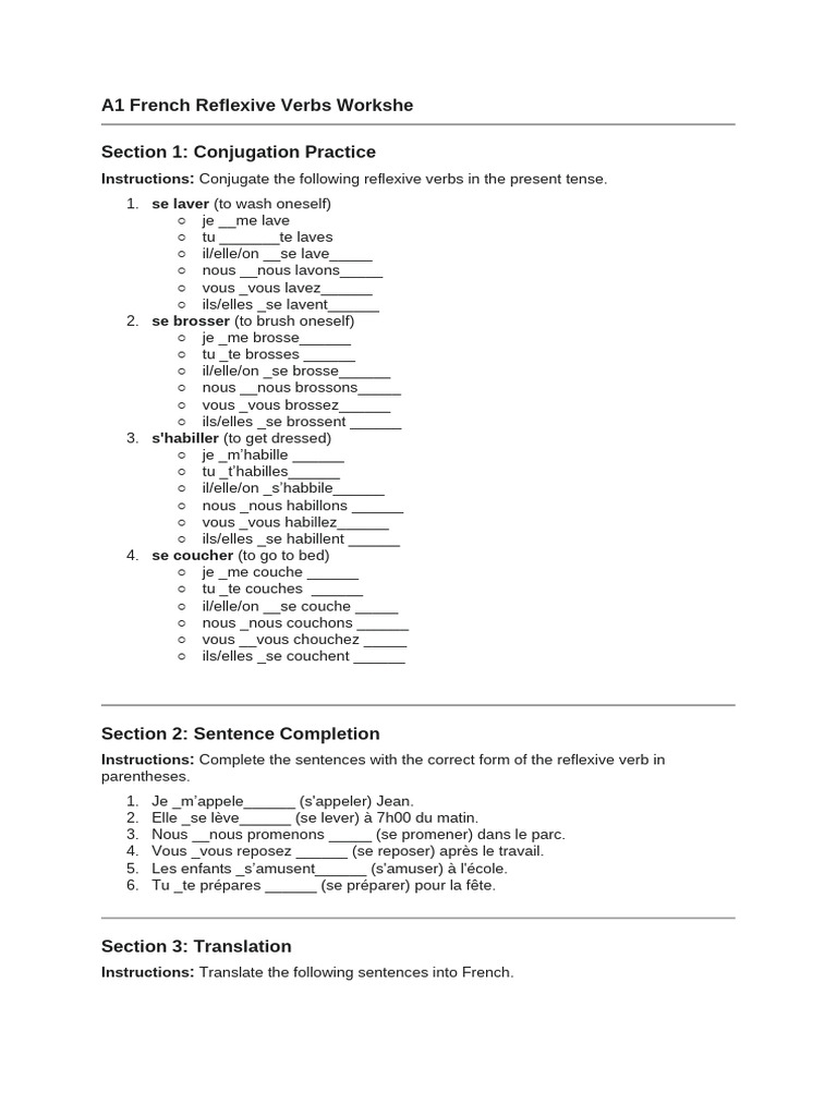 A1 French Reflexive Verbs Workshe | PDF