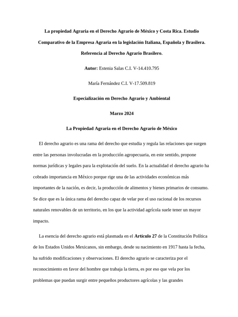 La Propiedad Agraria en El Derecho Agrario de México y Costa Rica | PDF ...