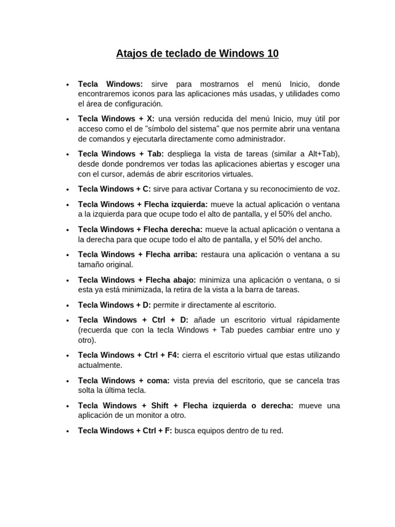 Atajos de Teclado de Windows 10 | PDF | Windows 10 | Ventana (informática)