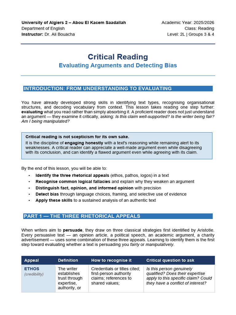 Critical Reading Evaluating Arguments Detecting Bias | PDF | Argument ...