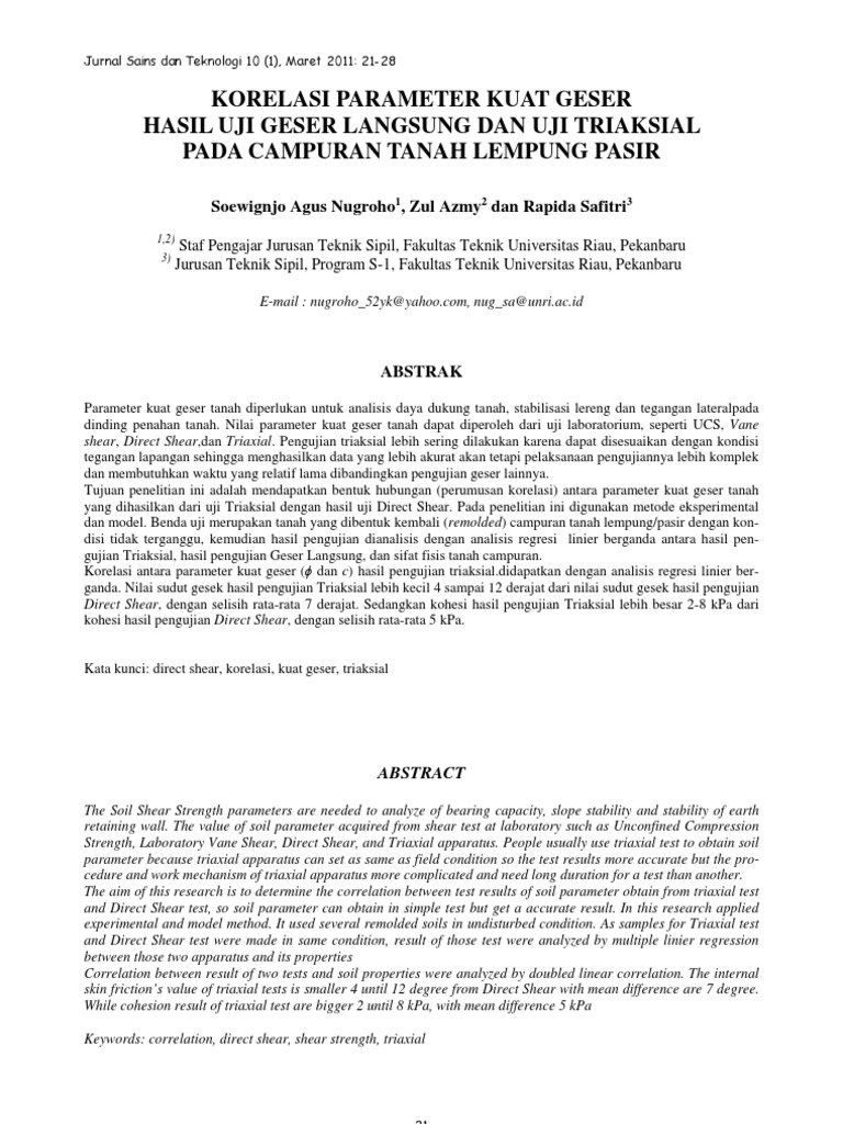 Korelasi Parameter Kuat Geser Hasil Uji Geser Langsung Dan Uji ...