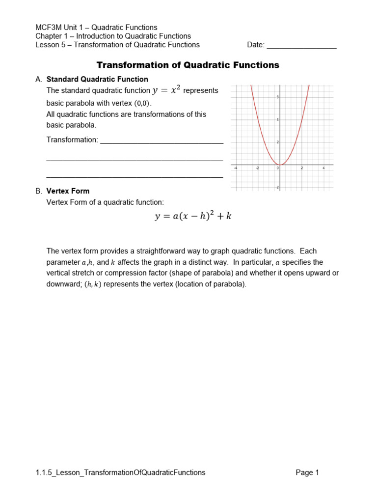Transformation of Quadratic Functions | PDF