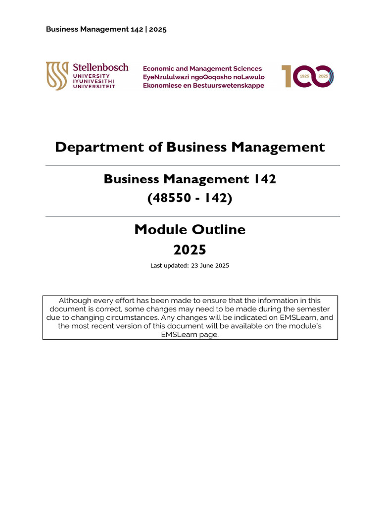 Business Management 142 Module Outline 2025 Final | PDF | Investing ...