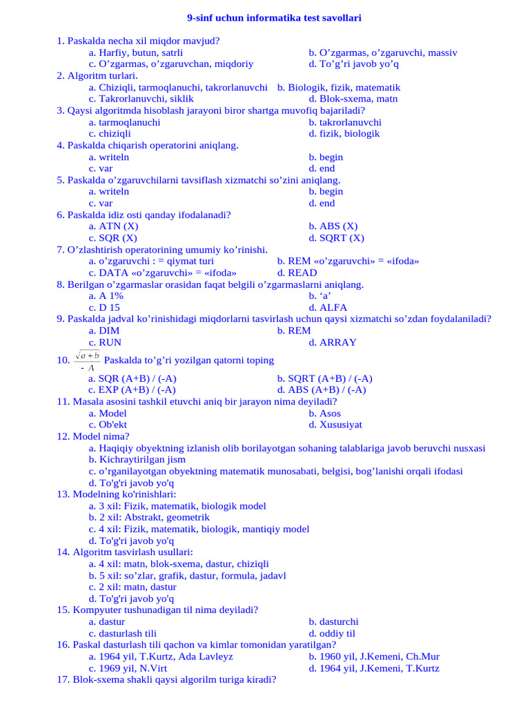 9 Sinf Informatika Testlar 7 | PDF