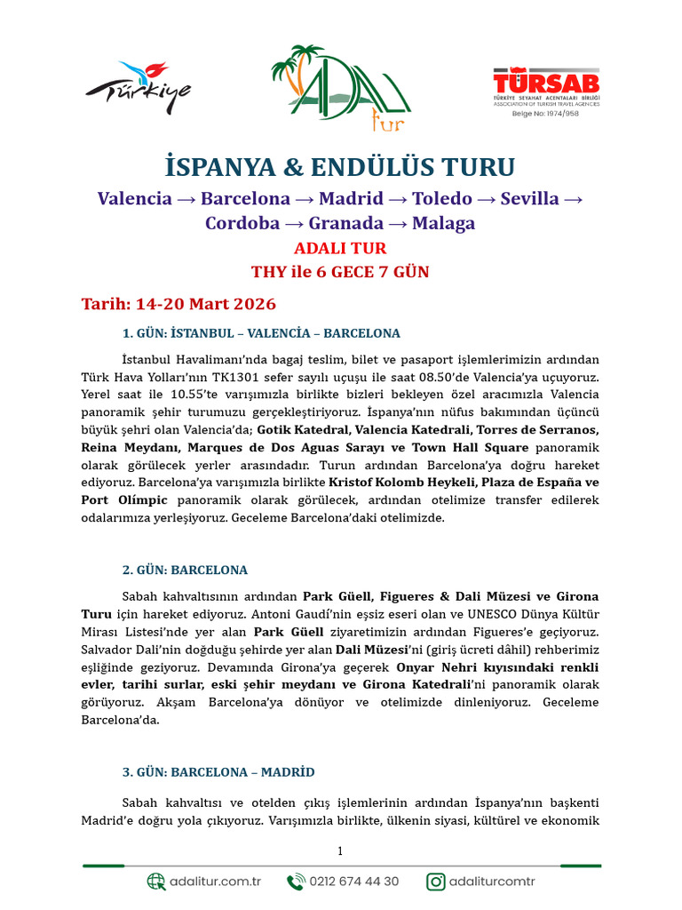 Adali Tur - i̇spanya & Endülüs Turu (6 Gece 7 Gün) | PDF