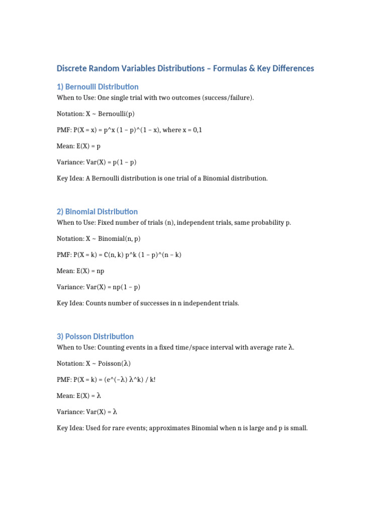 Discrete Random Variable Distributions Formula Sheet | PDF