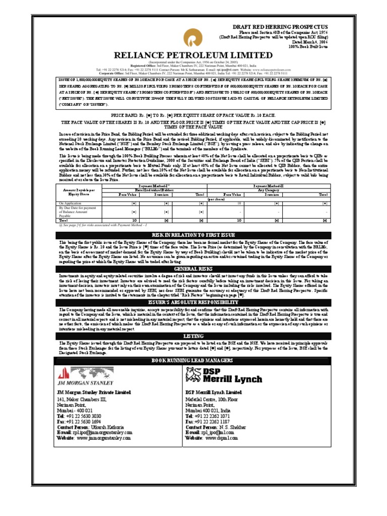 Reliance Petroleum IPO Draft Red Herring Prospectus | PDF | Stocks | Risk