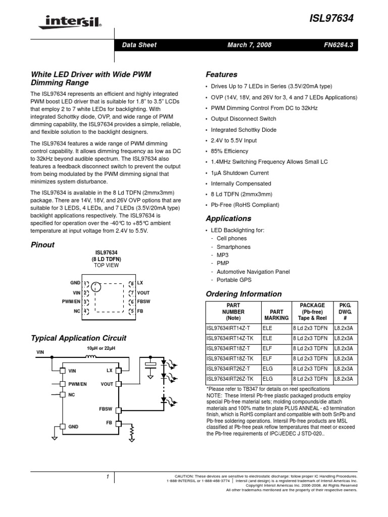 White LED Driver With Wide PWM Dimming Range Features: FN6264.3 Data ...