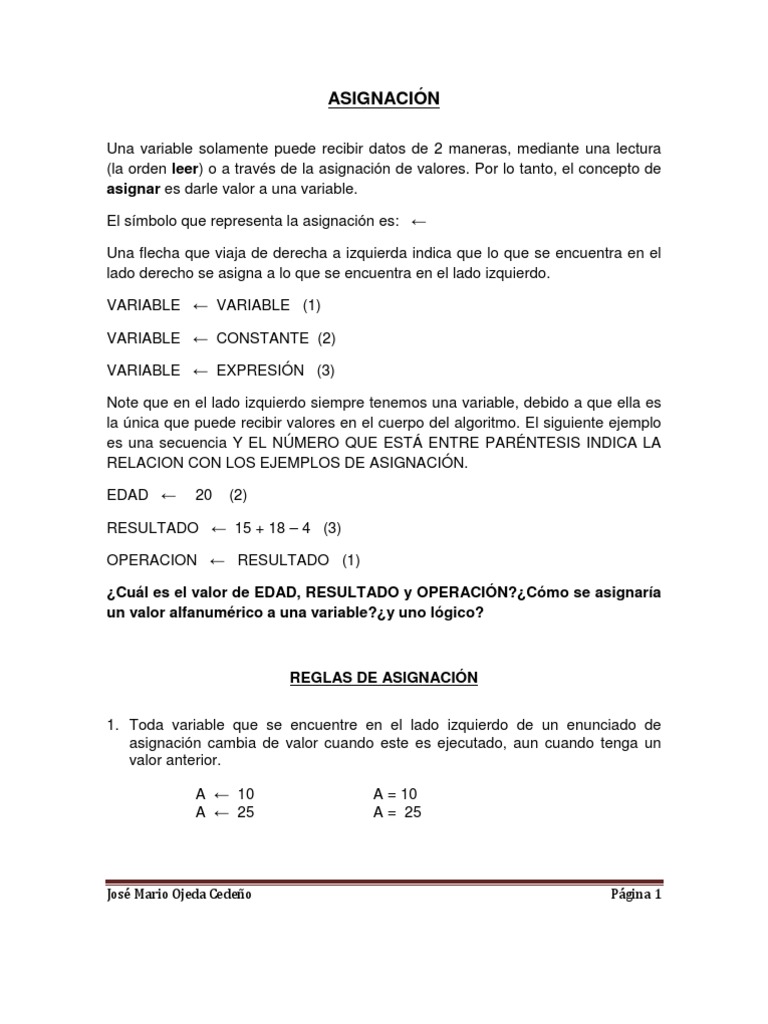 Algoritmos - Asignacion y Estructura de Un Algoritmo | PDF | Algoritmos | Variable (informática)