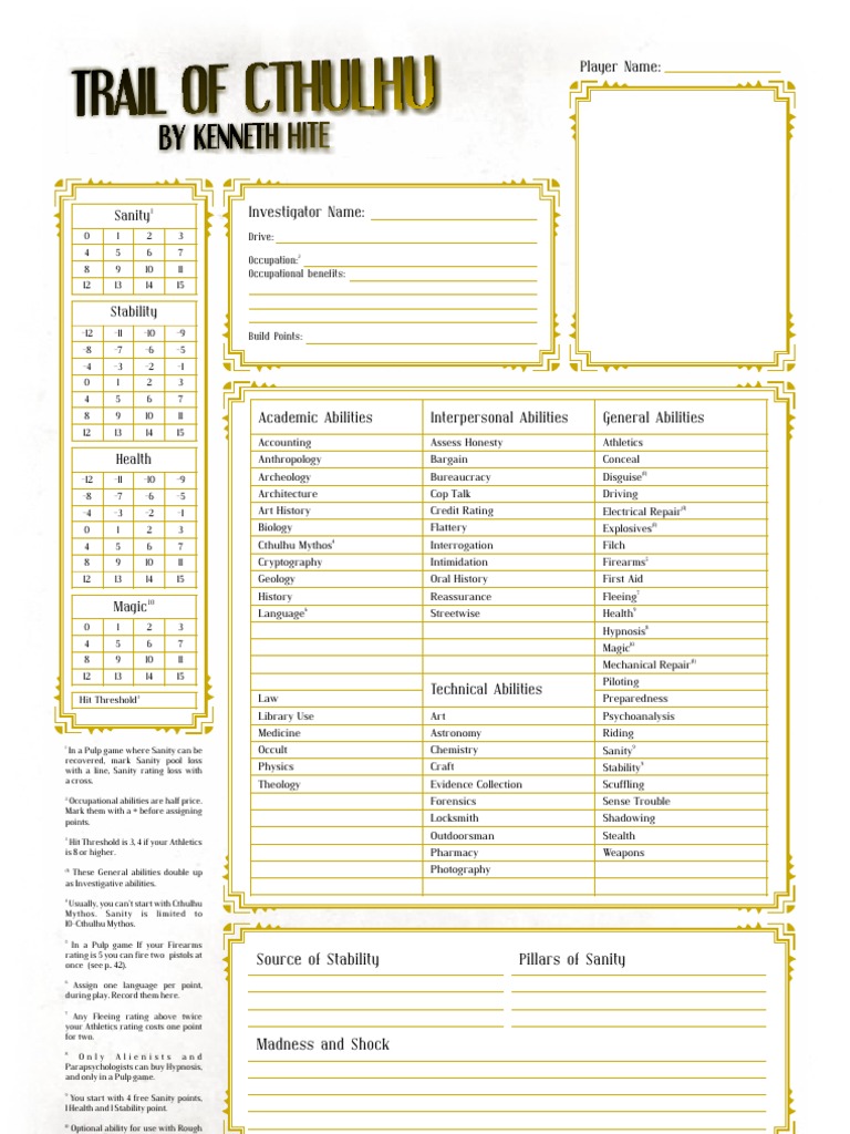 Trail of Cthulhu Character Sheet A4 en | PDF