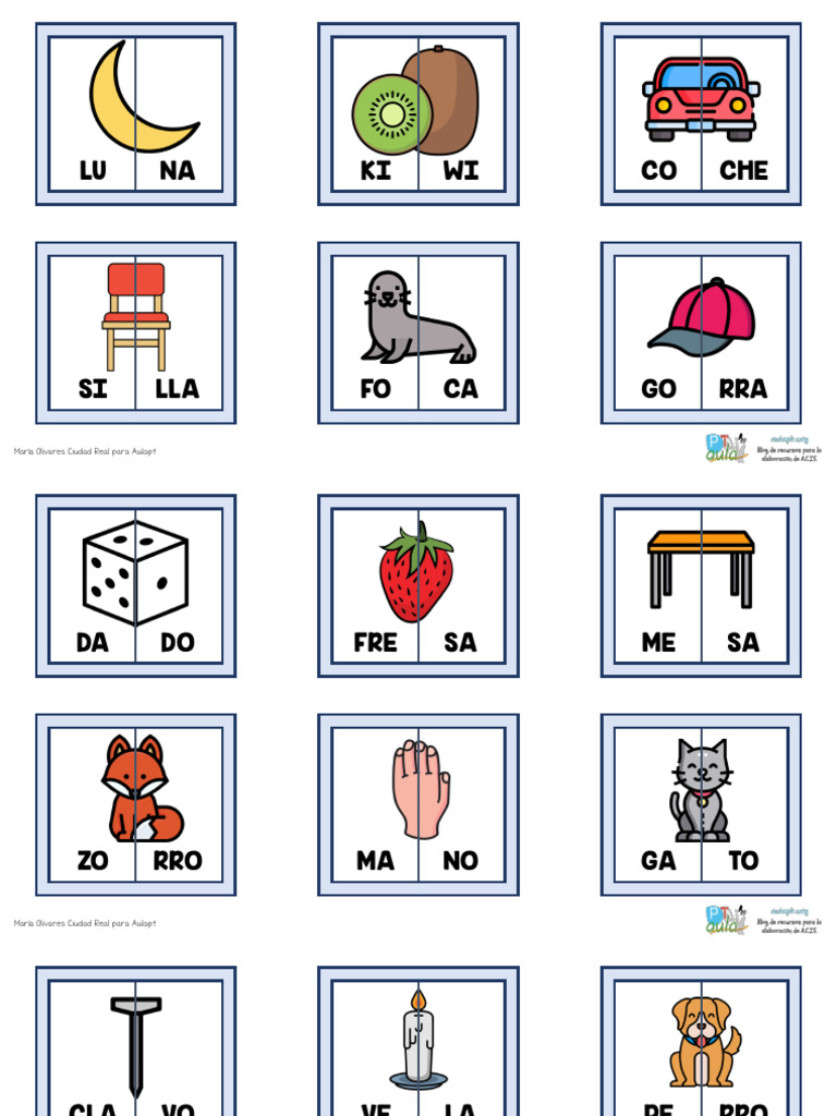 Tarjetas Lectura Palabras Bisilabas | PDF
