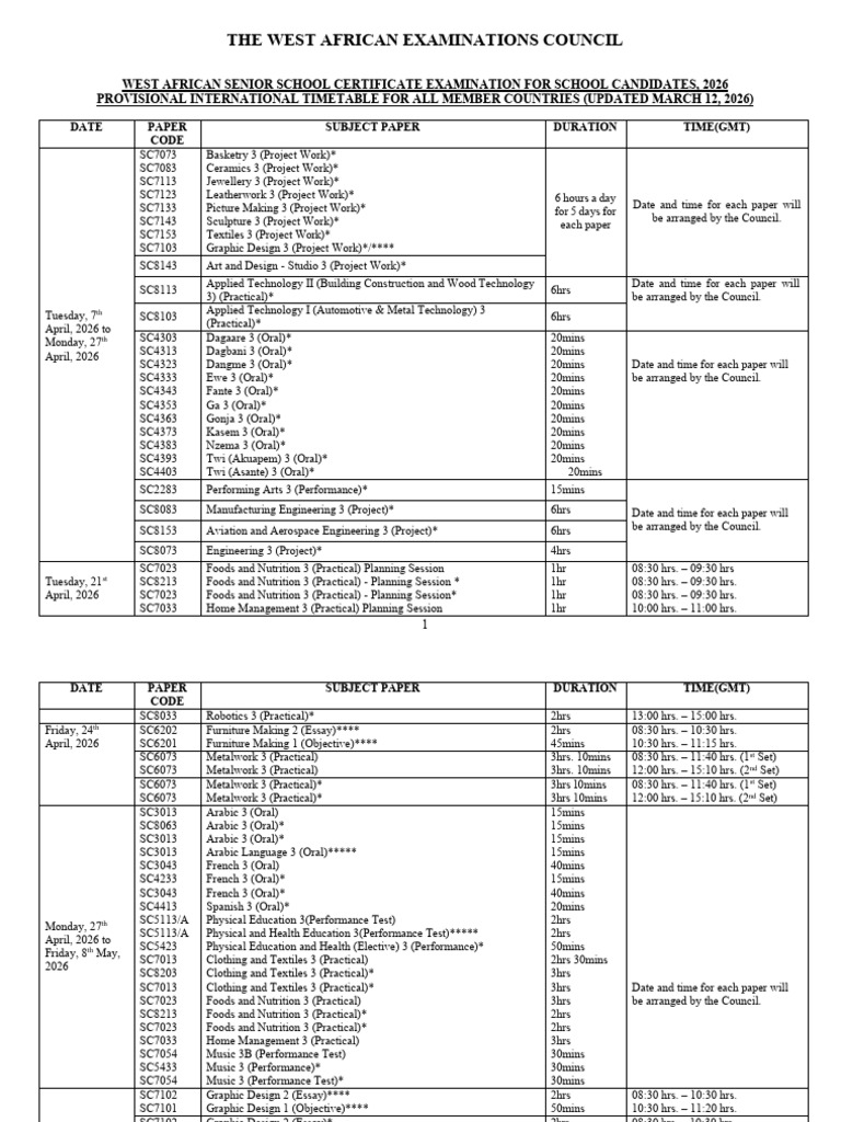 Wassce 2026 Timetable ? | PDF