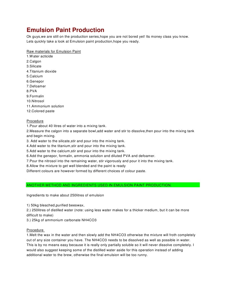 Emulsion Paint Production | PDF | Paint | Mayonnaise