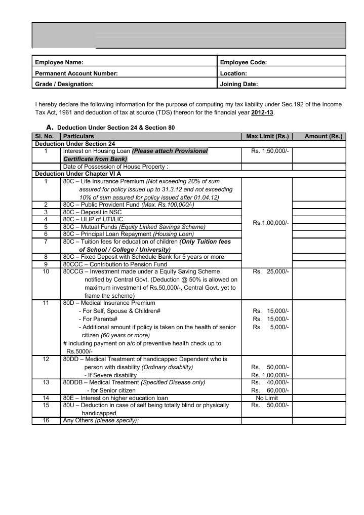 Income Tax Declaration Form 2012-13 | PDF | Tax Deduction | Loans