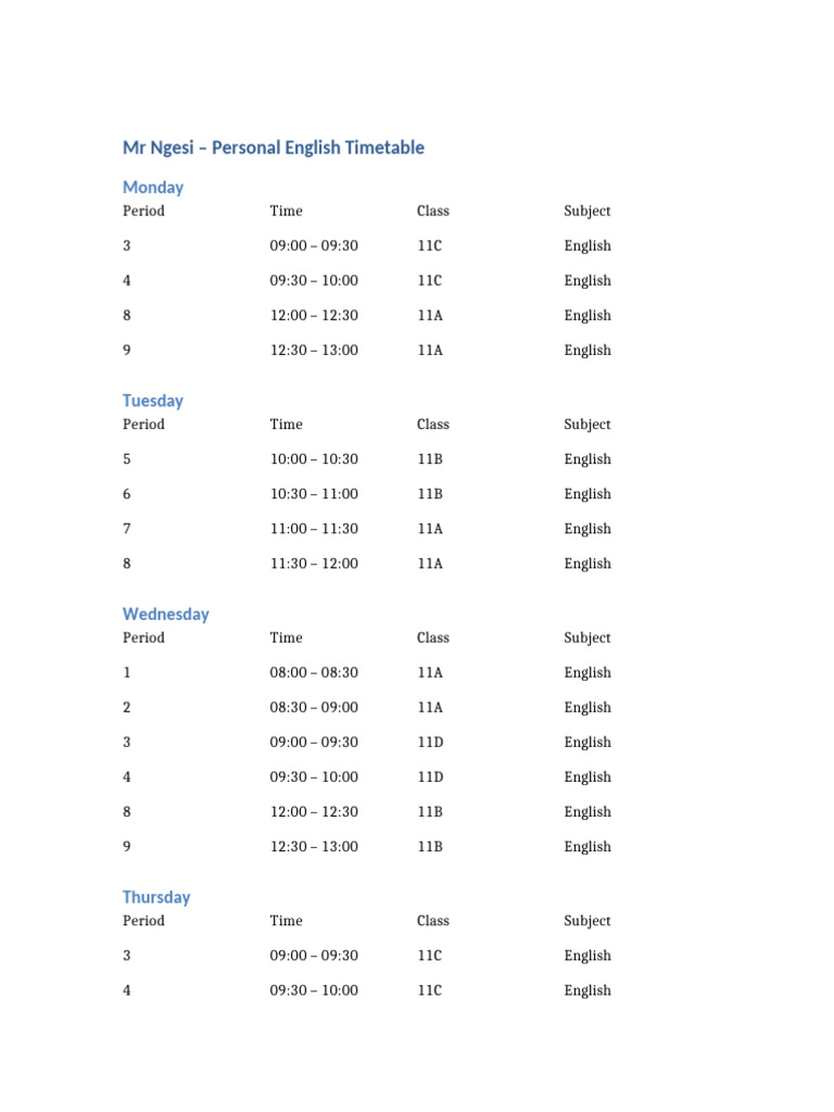 Mr Ngesi Personal English Timetable | PDF