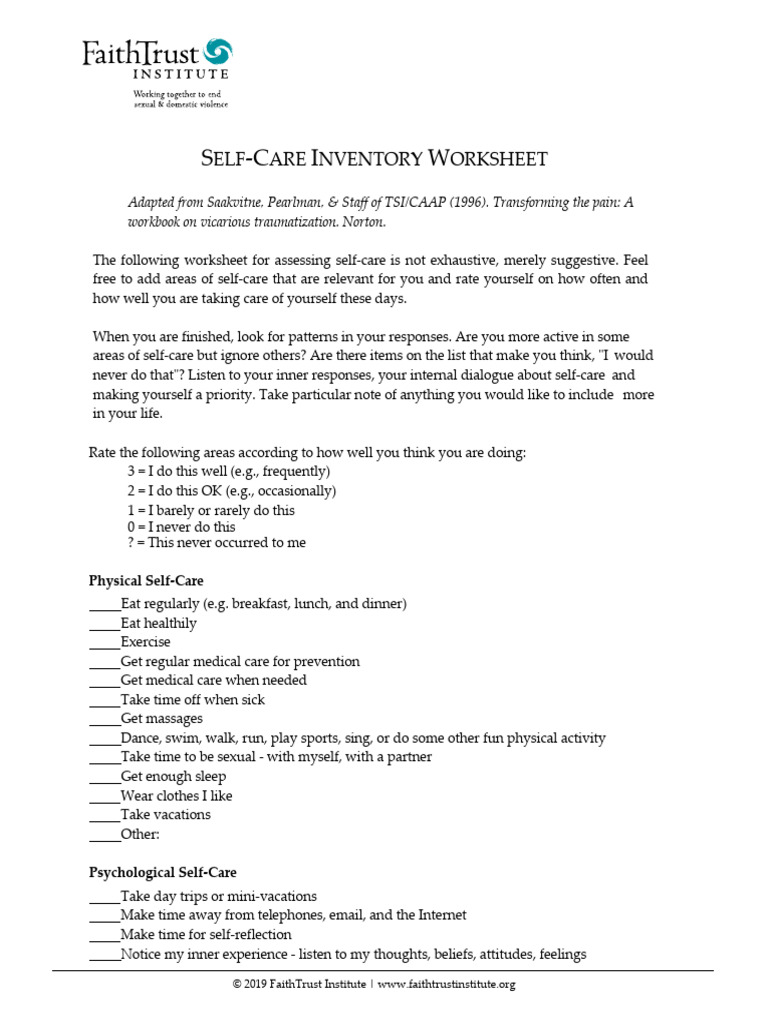Self Care Inventory Worksheet | PDF | Psychology | Behavioural Sciences