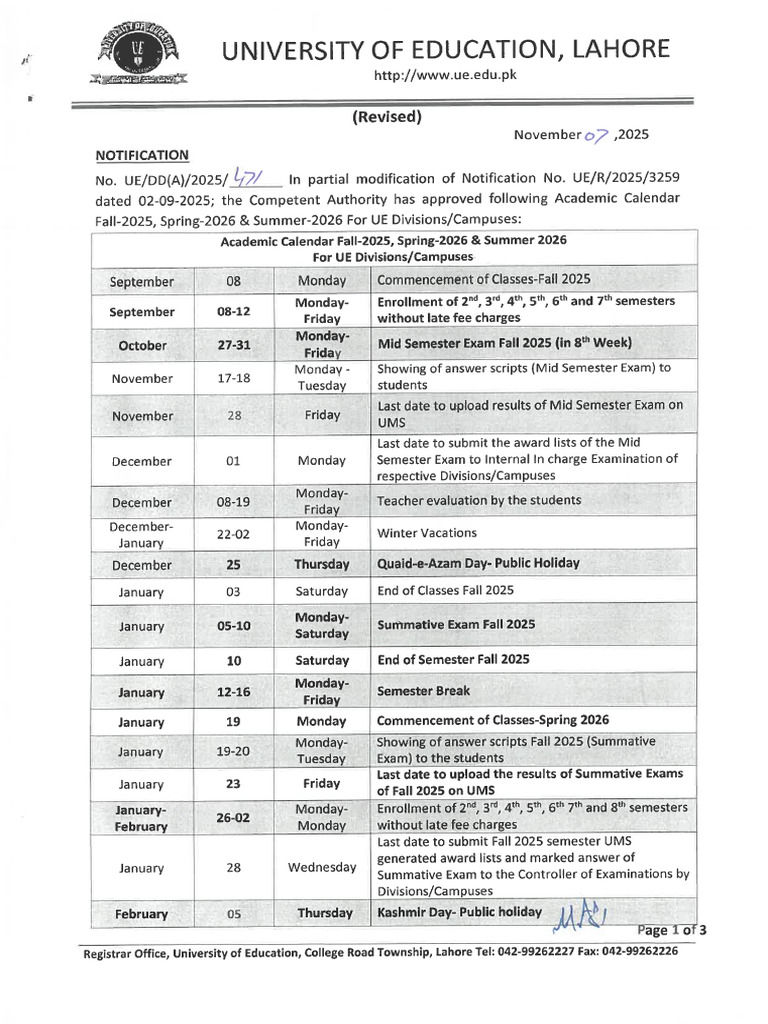 Revised Academic Calendar Fall 2025-Spring 2026 & Summer 2026 | PDF
