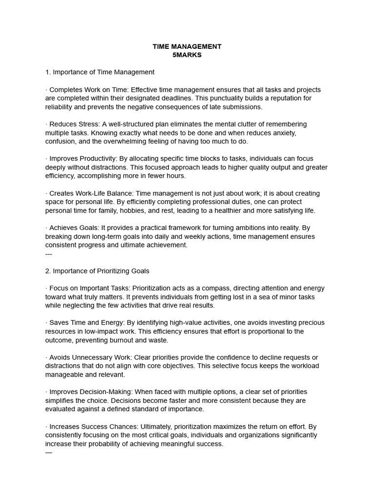 Time Management (5marks) | PDF | Time Management | Professional Skills