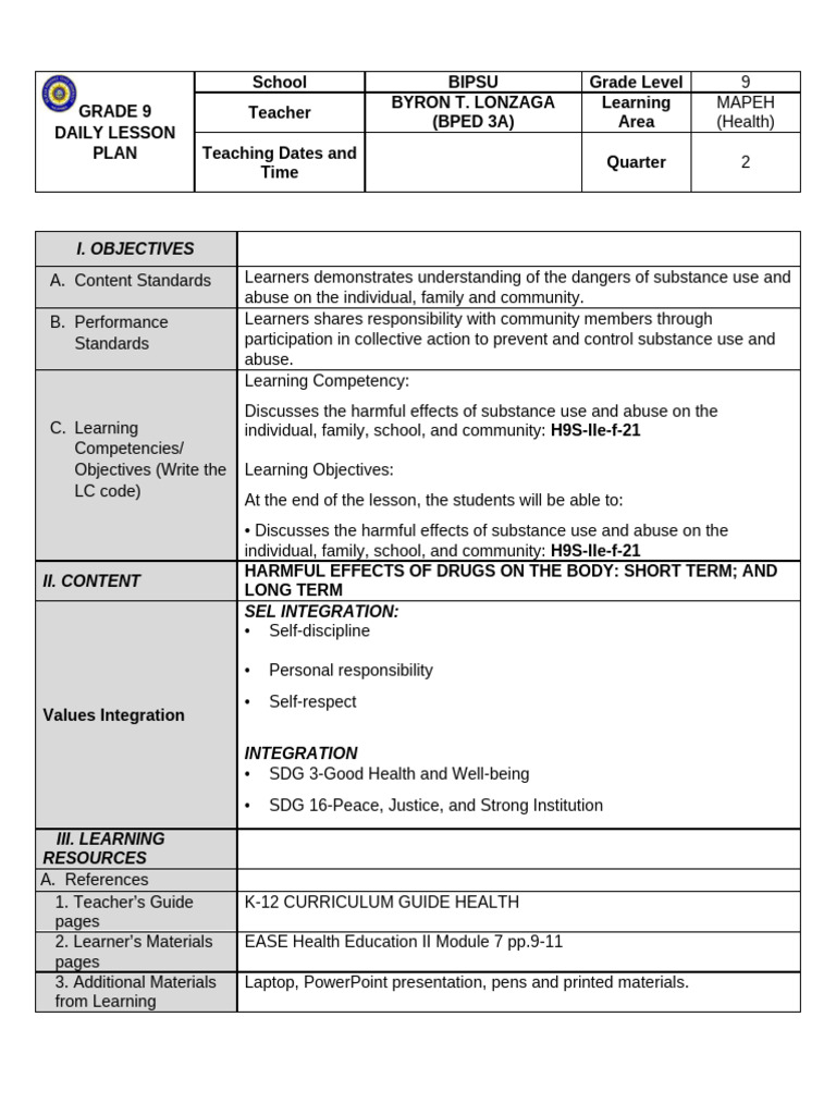 Final Lesson Plan (Byron) | PDF | Substance Abuse | Psychology