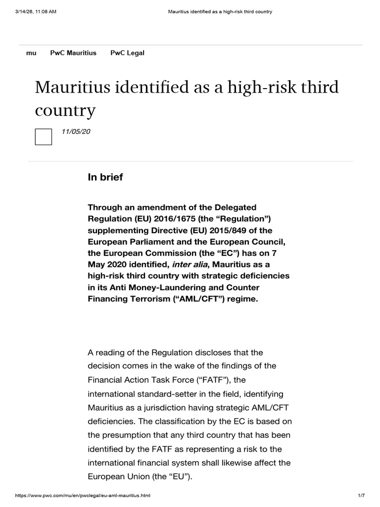 Mauritius Identified As A High-Risk Third Country | PDF