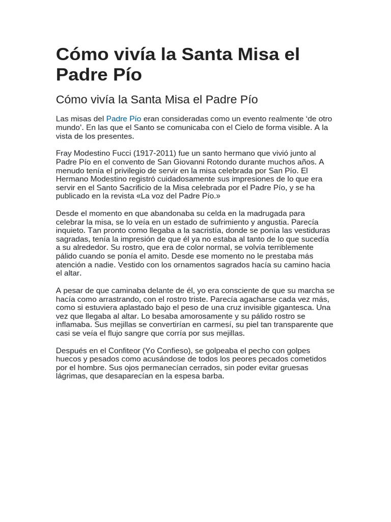Cómo Vivía La Santa Misa El Padre Pío | PDF