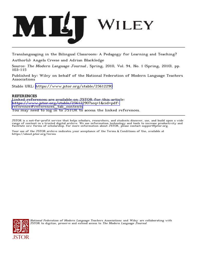Creese TranslanguagingBilingualClassroom 2010 | PDF