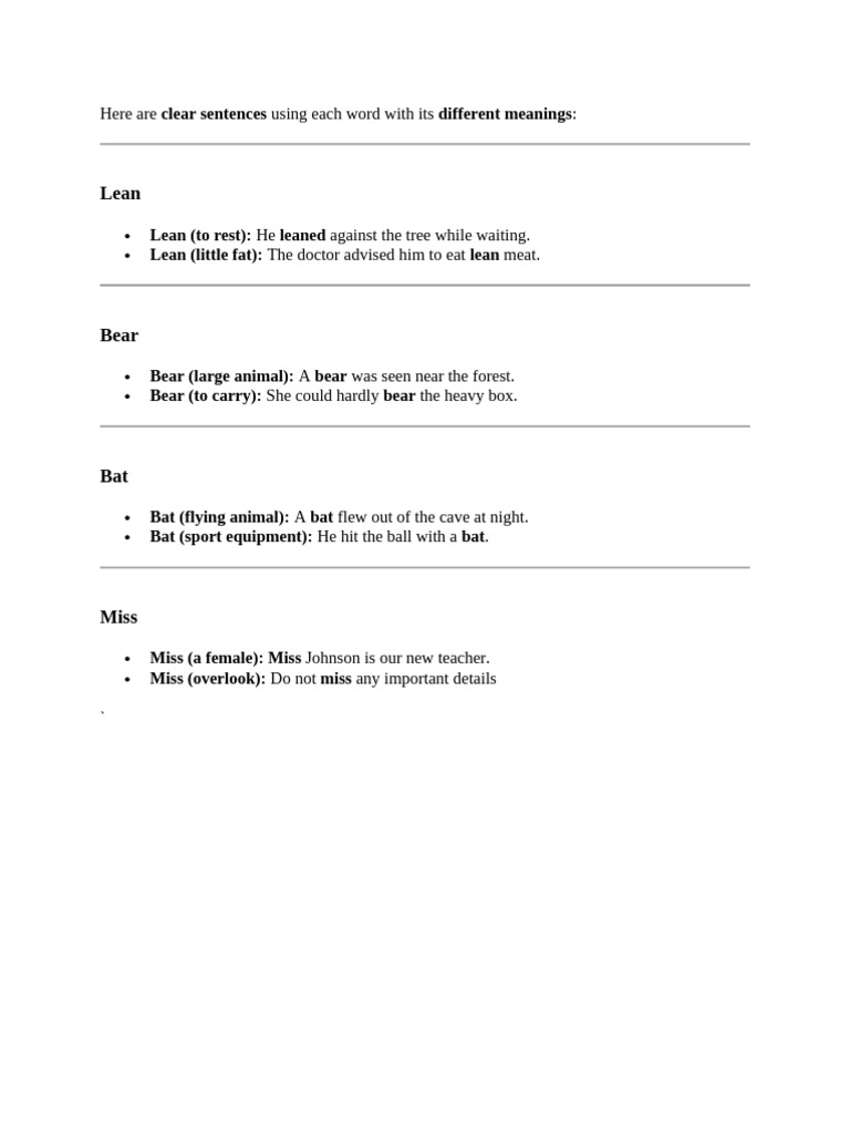 Here Are Clear Sentences Using Each Word With Its Different Meanings | PDF