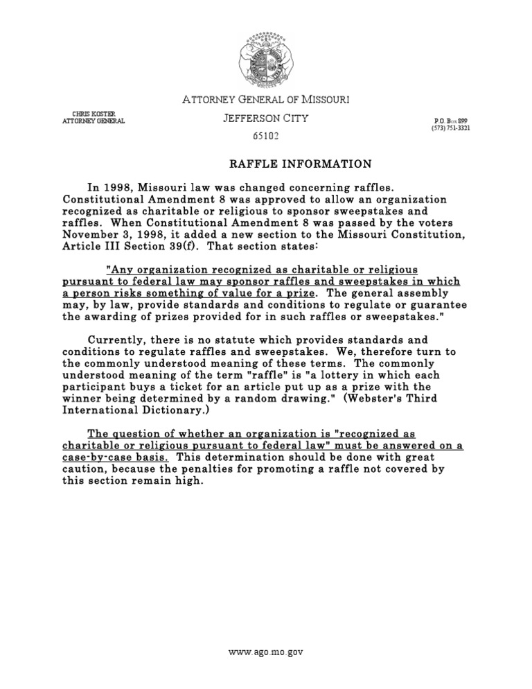 Missouri Attorney General Info On Raffles | PDF