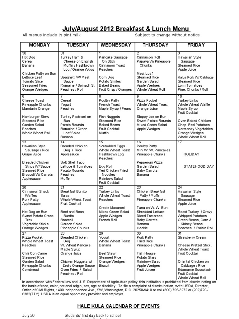 July & August Breakfast & Lunch Menu | PDF | Pancake | Salad